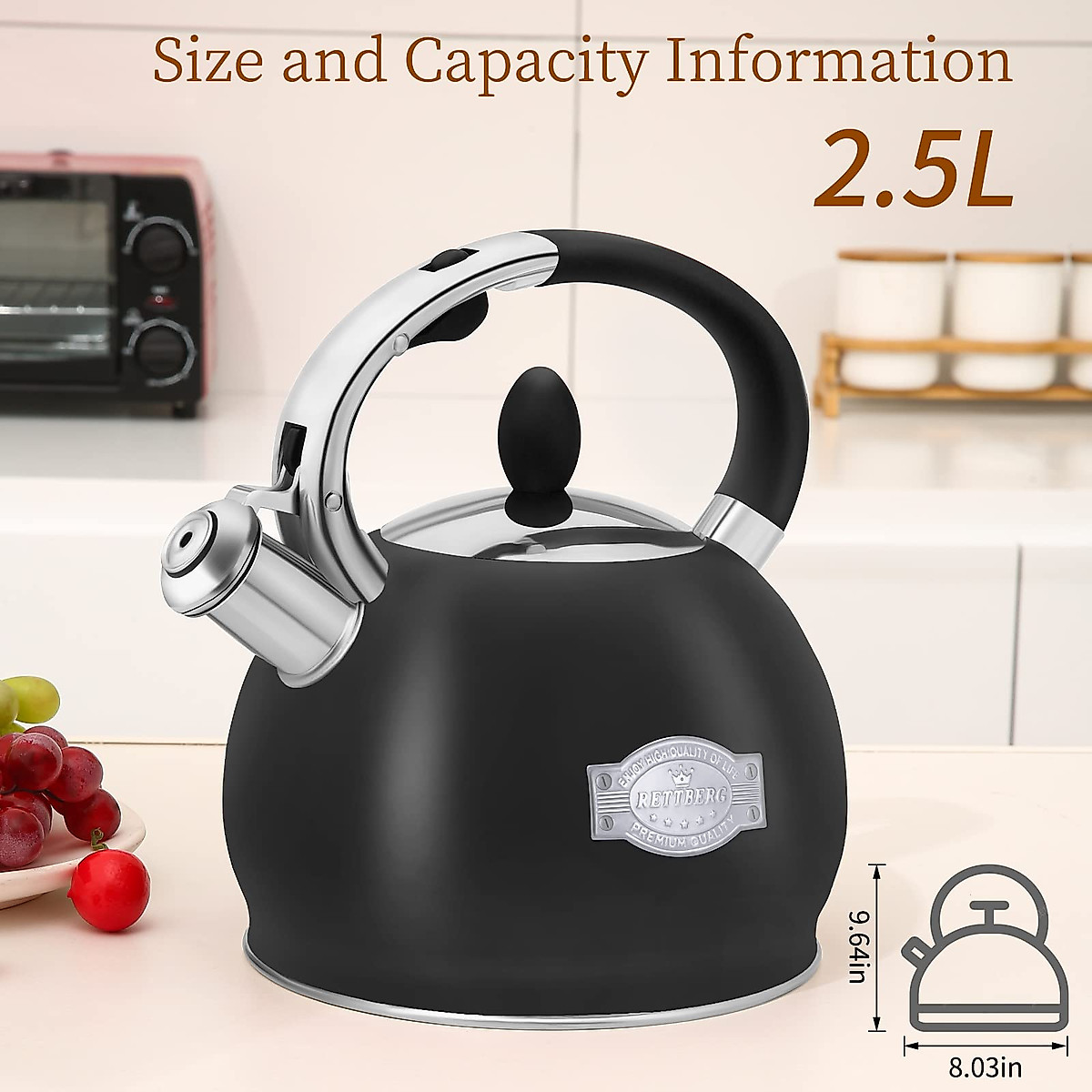 RETTBERG Tea Kettle for Stovetop Whistling Tea Kettles Retro Black Stainless Steel Teapots, 2.64 Quart (Black 1)
