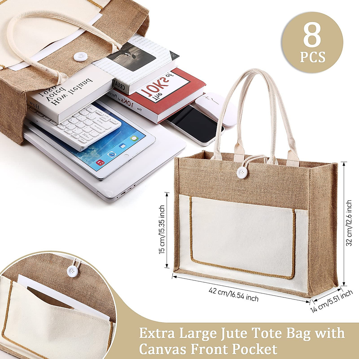 8 Pcs Burlap Tote Bags Bulk Jute Tote Bags with Handles Beach Bag Canvas Front Pocket Large Burlap Bags Set Reusable Grocery Bags Bridesmaid Tote Bags for Women Wedding Picnic Travel DIY Work