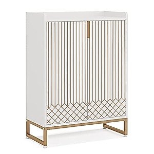 Tribesigns Shoe Cabinet, 25 Pairs Shoe Cabinets with Doors, White 5-Tier Wood Shoes Rack Organizer for Entryway, Freestanding Shoe Storage Cabinet with Gold Metal Frame for Bedroom Hallway Living Room