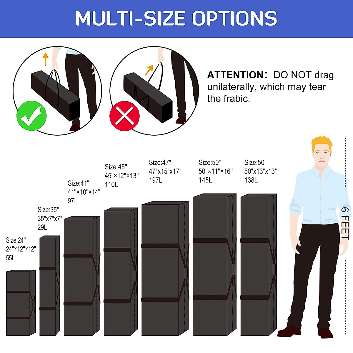 INFANZIA Duffel Travel Sports Equipment Bag, Long Luggage Bag with Upgrade Zipper Water Resistant, Extra Large Foldable Storage Bag for Camping, Tent, Tripod, Fishing(47x15x17 inch,1PCS)