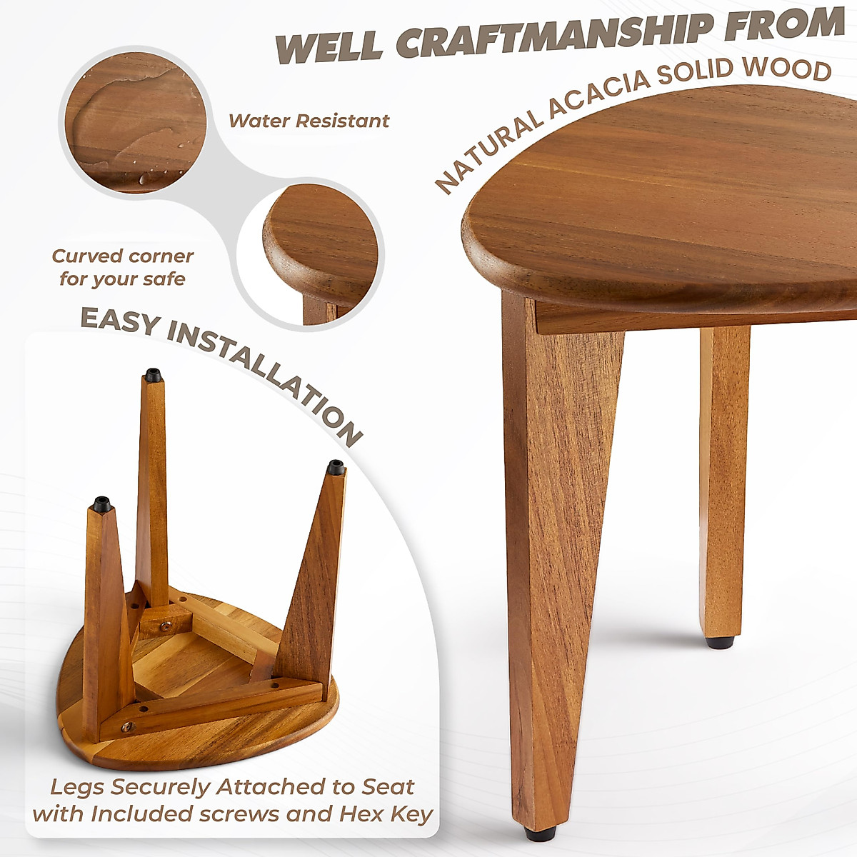 BLUEWEST Shower Foot Stool for Shaving Legs, Acacia Wood Shower Foot Rest, Bathroom Foot Step Stool for Inside Shower, Shower Bench, Corner Shower Stool for Small Shower Spaces (Natural Acacia)