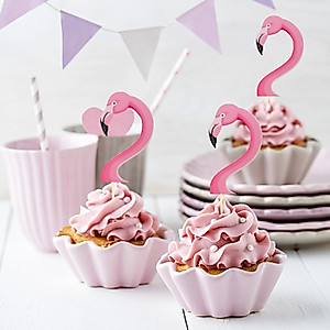 24Pcs Flamingo Cupcake Toppers, Tropical Cupcake Toppers Aloha Cake Decorations for Luau Hawaiian Theme Baby Shower Flamingo Birthday Party Supplies(Flamingo)