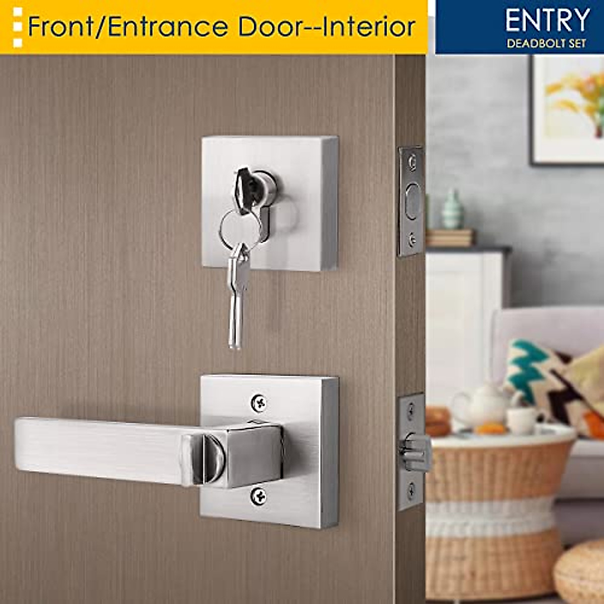 Keyed Entry Door Lever and Double Cylinder Deadbolt Set, Keyed Alike Reversible Lockset, Satin Nickel Square Interior/Exterior Handleset for Bedroom, Front Door 3 Pack