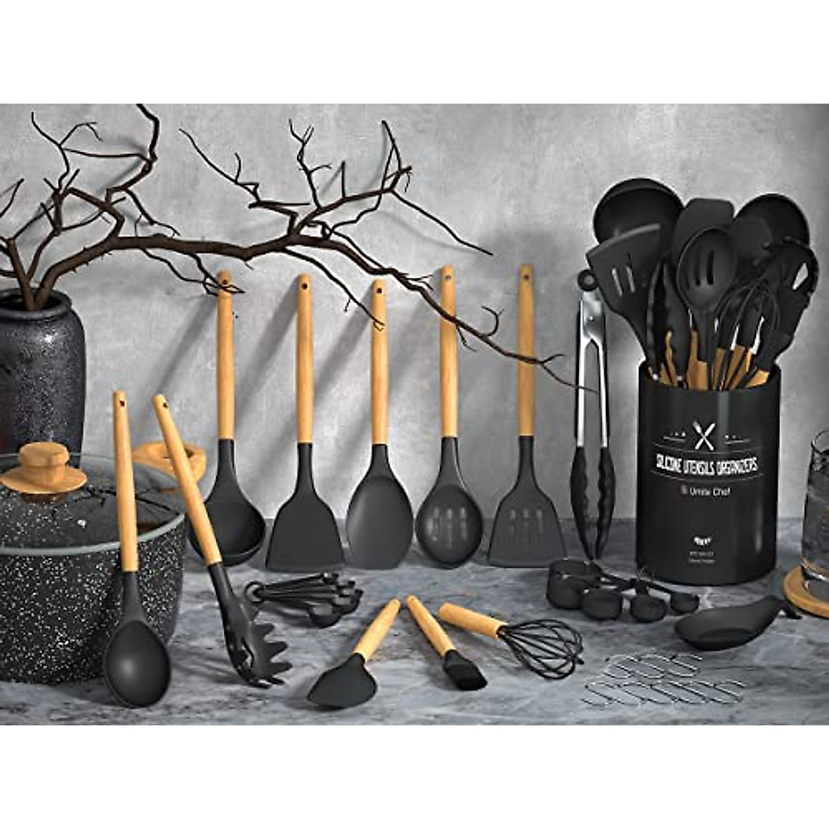 Umite Chef Kitchen Cooking Utensils Set, 33 pcs Non-Stick Silicone Cooking Kitchen Utensils Spatula Set with Holder, Black Wooden Handle Silicone Kitchen Gadgets Utensil Set