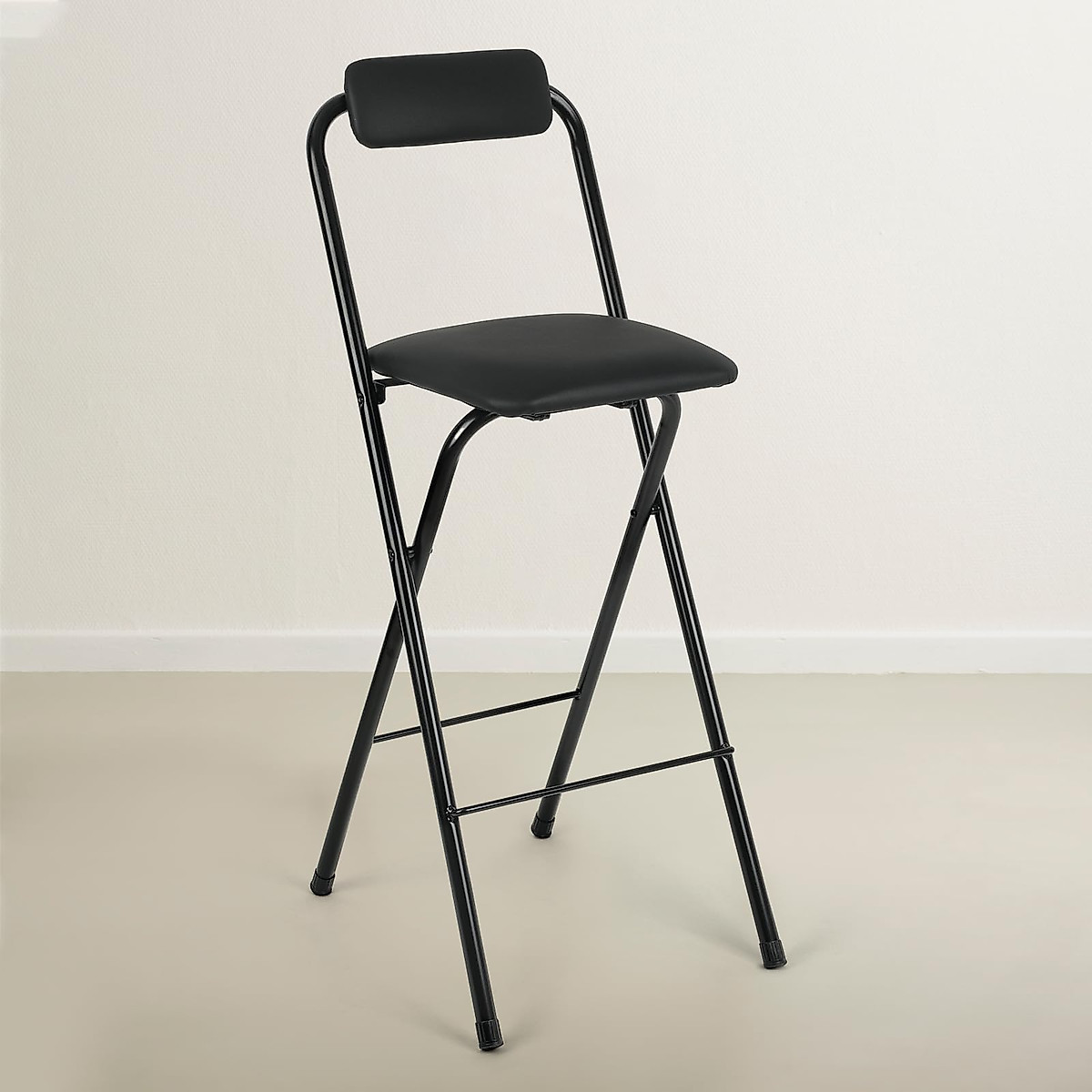 Thyle 1 Pcs Folding Bar Stool with Backrest, Tall Foldable Stool Chair Portable High Folding Bar Chair Counter Height Seat Leather Padded for Kitchen Island Shop Cafe Dining Room Black (27.5 Inch)