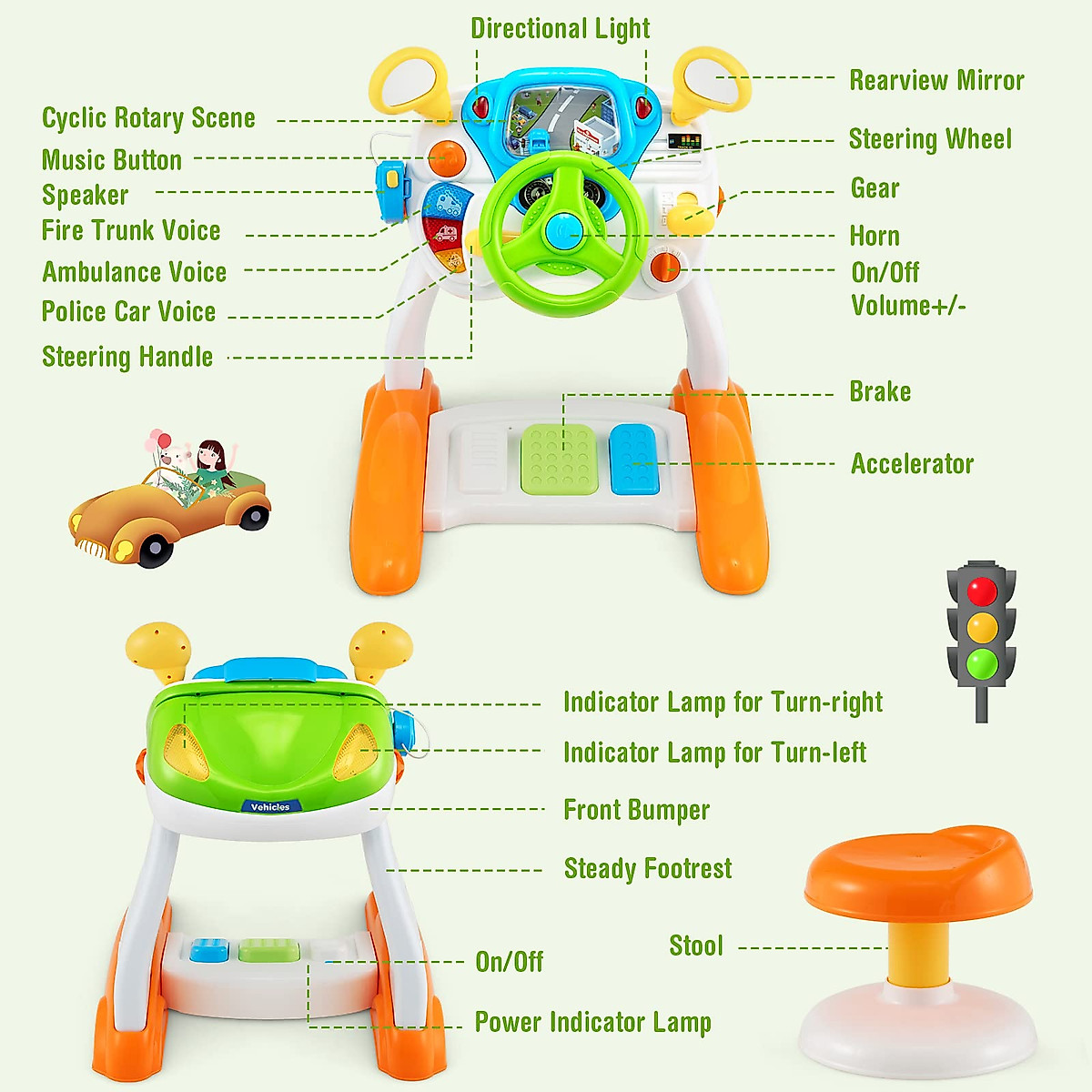 Costzon Steering Wheel Toy, Pretend Play Driving Simulated Toy w/Light and Music, Cyclic Rotary Scene, Siren Sounds, Walkie-Talkie, Stool, Interactive Learning Educational Toy for Toddler Boys Girls