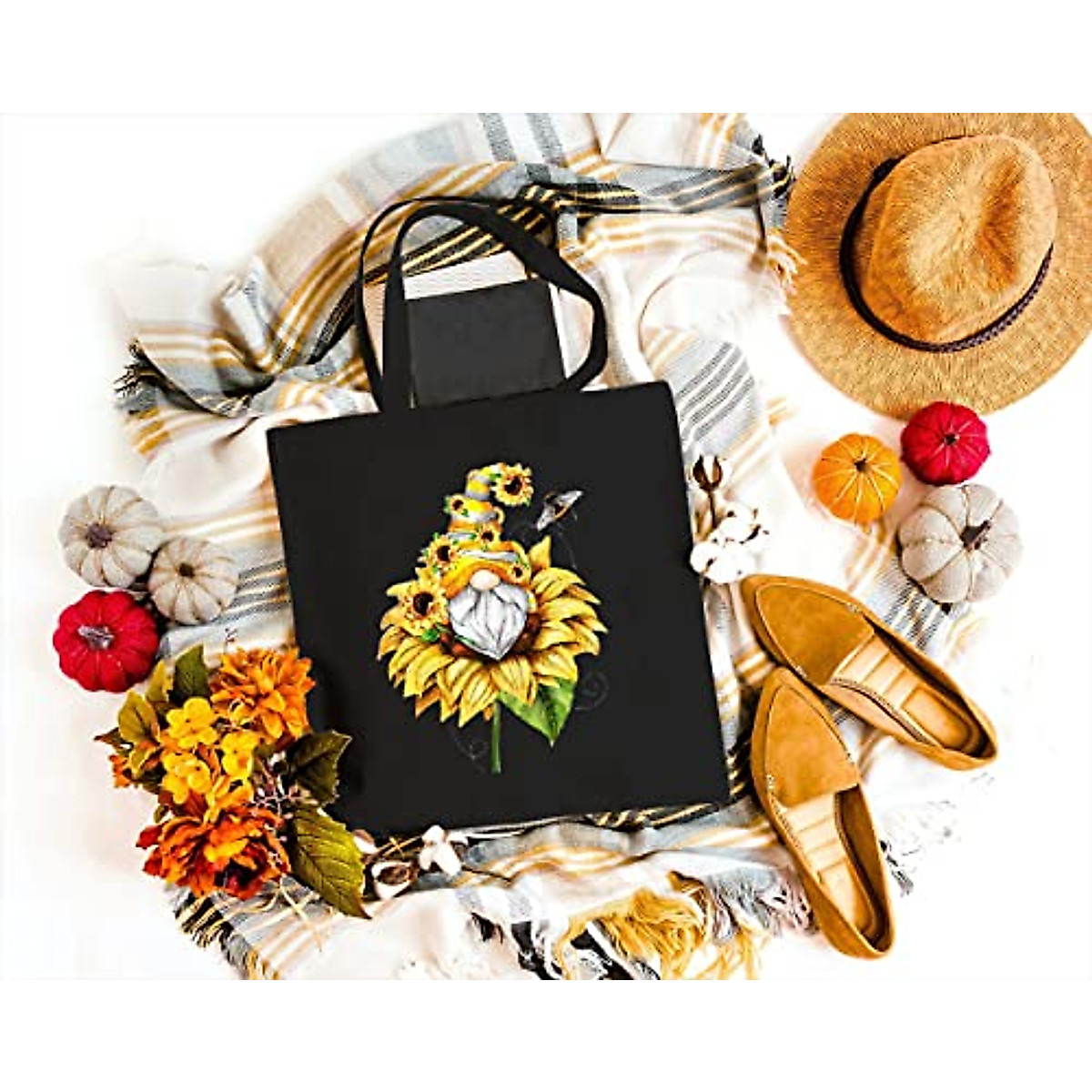 GXVUIS Canvas Tote Bag for Women Aesthetic Sunflower Gnome Reusable Grocery Shoulder Shopping Bags Girls Gifts Black