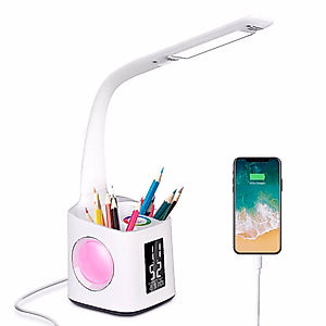 Donewin LED Desk Lamp with USB Charging Port&Pen Holder, Study Light with Clock, Kawaii Desk Accessories, Study Lamp for Kids/Girls/Boys,Desk Light for Office/Reading, Colorful Night Light,10W