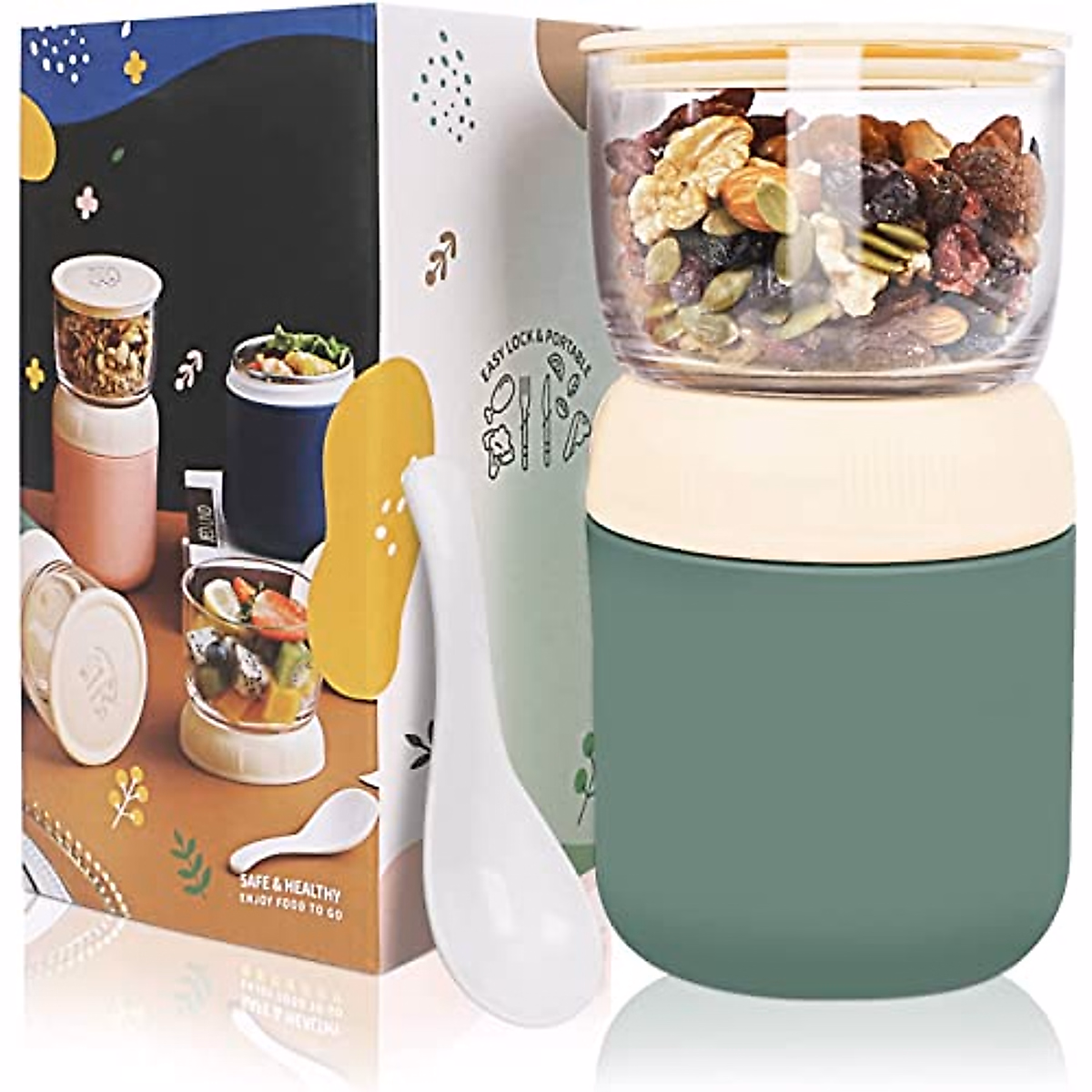 UHAPEER Oatmeal Yogurt Container, Overnight Oats Containers with Lids and Spoon, Stainless Steel Insulated Food Container, 2-Tier Cereal Cup On the Go, Parfait Cup Milk Container for Breakfast Lunch