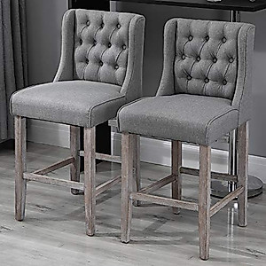 HOMCOM 26.25" Counter Height Bar Stools Set of 2, Tufted Wingback Armless Upholstered Dining Chair with Rubber Wood Legs, Grey