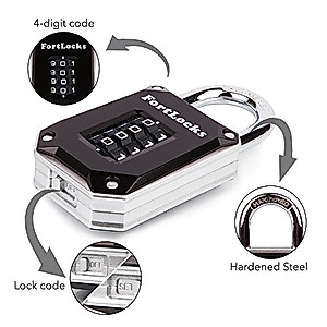 FortLocks Gym Locker Lock - 4 Digit, Heavy Duty, Hardened Stainless Steel, Weatherproof and Outdoor Combination Padlock - Easy to Read Numbers - Resettable and Cut Proof Combo Code - 1 Pack Silver