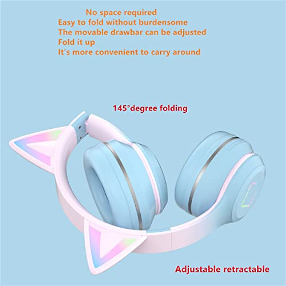 RAHAFA Cat Ear Headphones, Bluetooth 5.1 Headphones, Led Light Up Over Ear Headphones, Foldable Wireless Headset for Tablet/pc/ipad/Cell Phones, with Hanging Headphone Bracket-Black