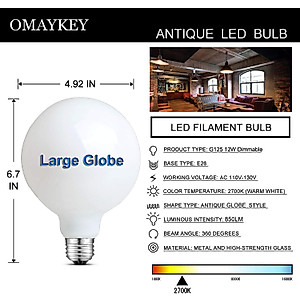 OMAYKEY 12W Dimmable Large LED Globe Bulb 85W Equivalent 850 Lumens, 2700K Warm White E26 Medium Base, Vintage Edison G125 Large Globe Milky Glass LED Filament Light Bulb, Deep Dimming Version