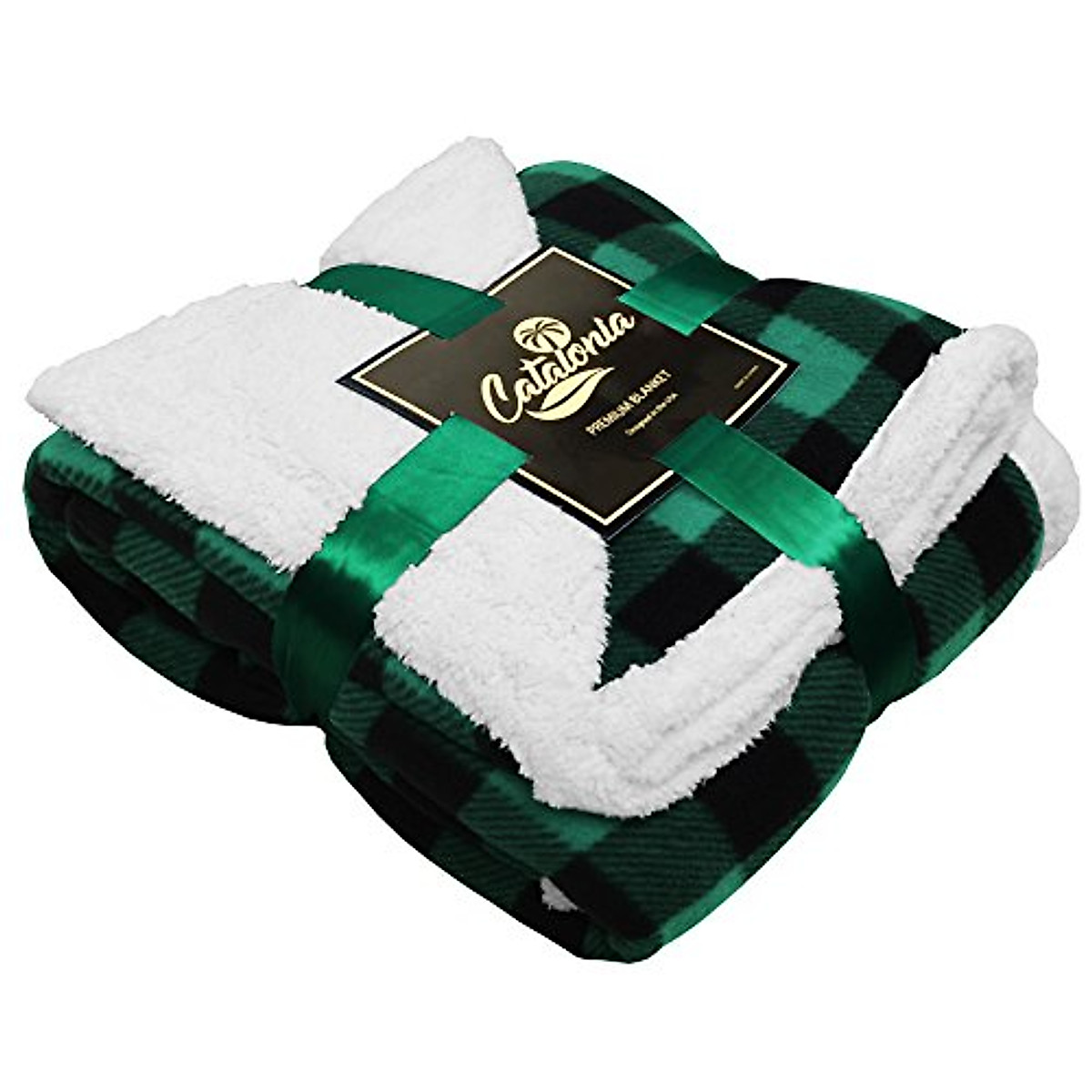 Catalonia Buffalo Plaid Green Sherpa Throw Blanket, Reversible Soft Fuzzy Comfy Snuggly Throws for Couch, 50x60 inches, St. Patrick Gift