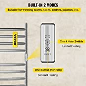 VEVOR Heated Towel Rack, 10-Bar Curved Design, Wall-Mounted Electric Towel Drying Rack with Built-in Timer, Polishing Brushed Stainless Steel for Bath, Plug-in/Hardwired, UL Certified, Silver