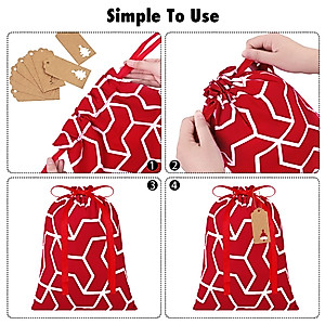 Aneco 5 Pieces Red and White Christmas Bags Xmas Cotton Fabric Drawstring Bags with 24 Pieces Kraft Paper Tags for Storing Christmas Gifts Parties, 5 Styles, 2 Sizes