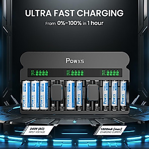 POWXS Rechargeable AA AAA 9V Battery Charger with 1800mA High-Speed, 12 Bay Independent Battery Charger for 1.2V Ni-MH Ni-CD AA AAA 9V Rechargeable Batteries and 9V Lithium ion(Include AC Cable)