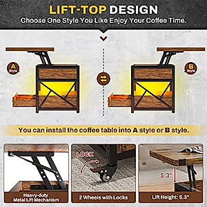 Itaar 40" Lift Top Coffee Table, 4 in 1 Coffee Tables with Storage for Living Room, Small Farmhouse Coffee Table with 2 Drawers & LED Light for Dining Reception Room, Rustic Brown