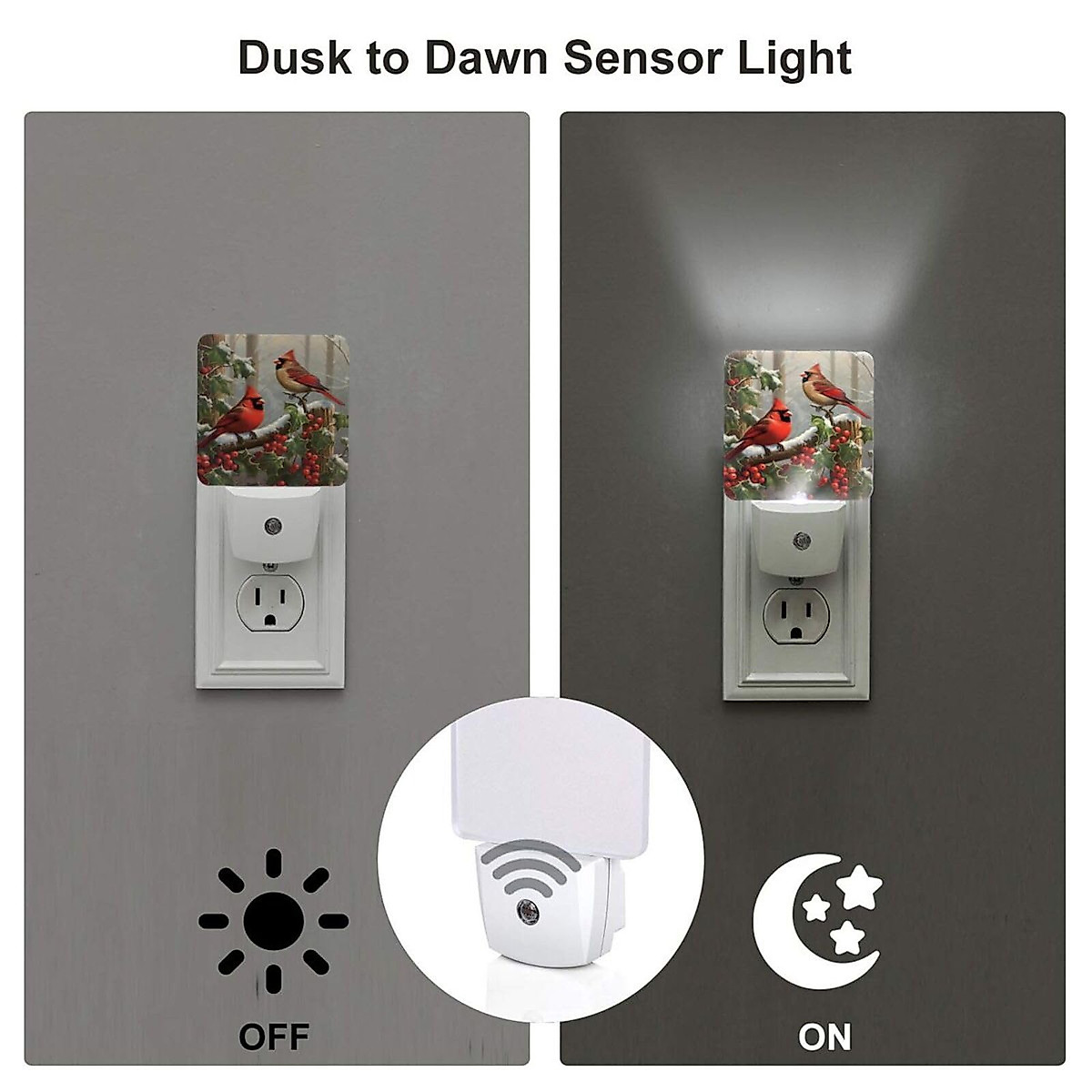 Christmas Red Birds Night Light Set of 2, Winter Snow Auto Sensor LED Dusk-to-Dawn Nightlights, Plug-in Sensor Lamp for Bedroom Bathroom Kitchen Hallway Stairs Decorative