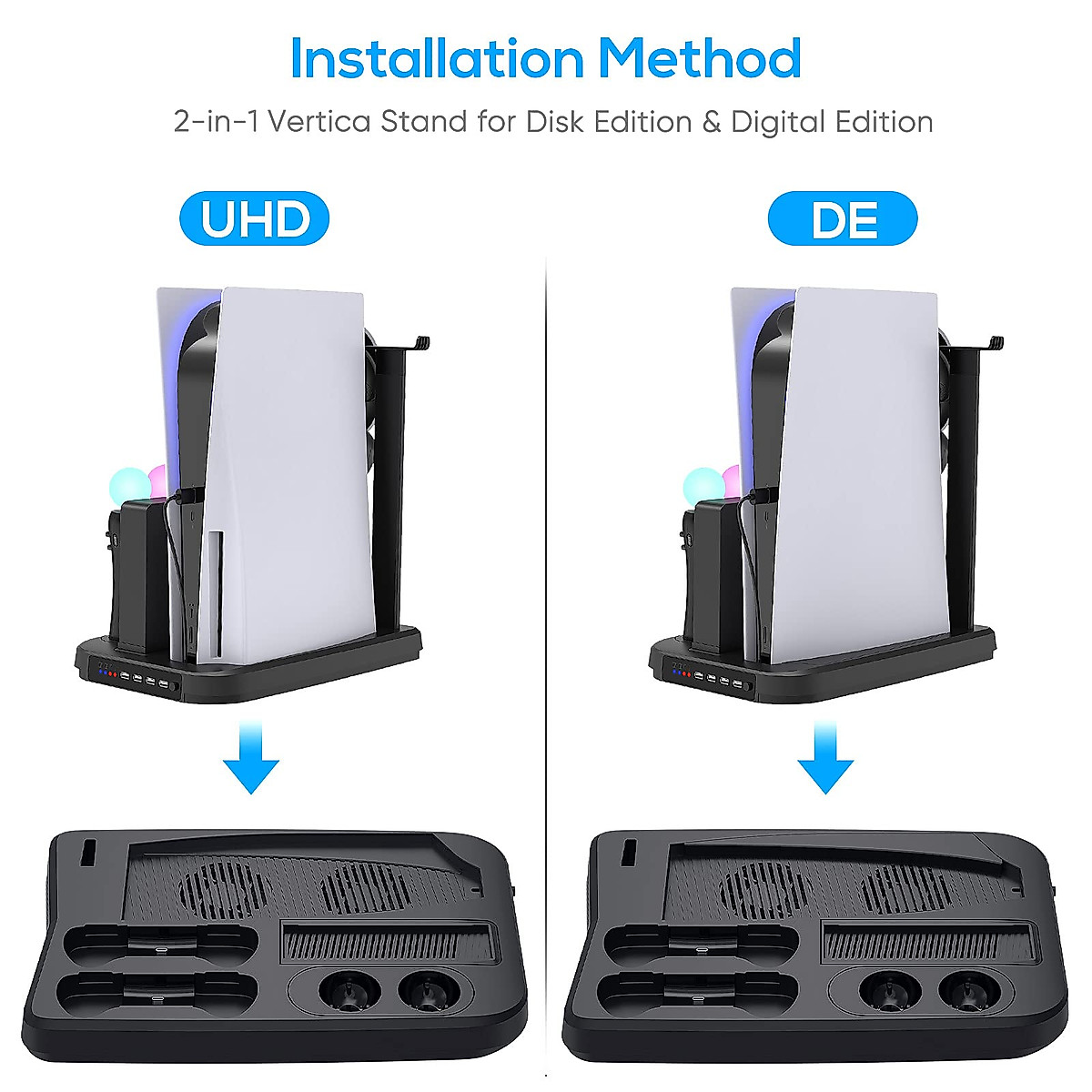 Charging Display Stand Compatible with PS5 VR, Vertical Stand with Cooling Fan Compatible with PS5 DE/UHD Storage Bracket Charger Station Compatible with PS5/PS5 VR Move Controller with 4 USB Hub