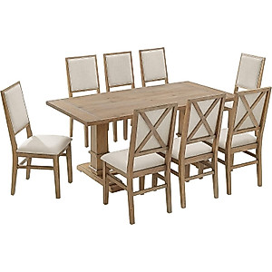Crosley Furniture Joanna 9-Piece Dining Set with Table and 8 Upholstered Back Chairs, Rustic Brown/Crème