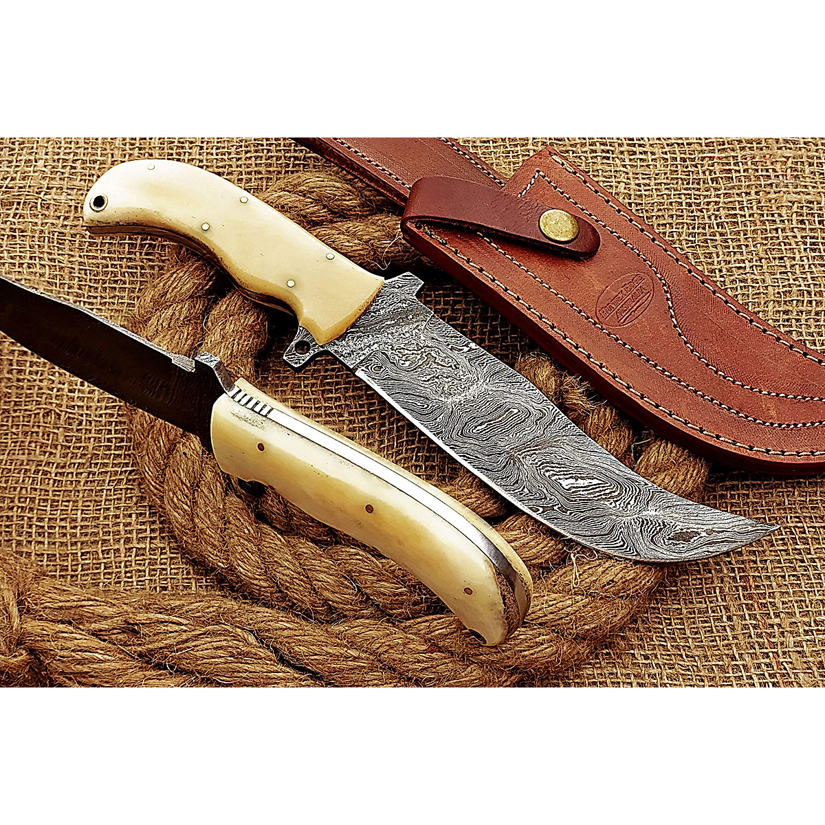 HUNTEX Handmade Hand-Forged Twist Pattern Damascus Steel 11 Inch Long Full Tang Camel Bone Handle Razor Sharp Hunting Camping Trail Knife w/Genuine Leather Sheath