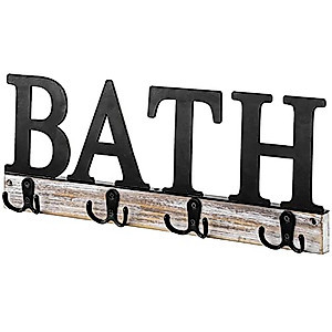 MyGift Wall Mounted Shabby Whitewashed Weathered Wood and Black Metal Bathroom Towel Rack - Bath Cutout Design Hanging Bath Towels Organizer with 4 Double Hooks