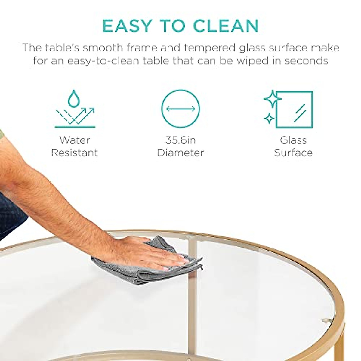 Best Choice Products 36in Modern Round Tempered Glass Accent Side Coffee Table for Living Room, Dining Room, Tea, Home Décor w/Satin Trim, Metal Frame, Non-Marring Foot Caps - Bronze Gold