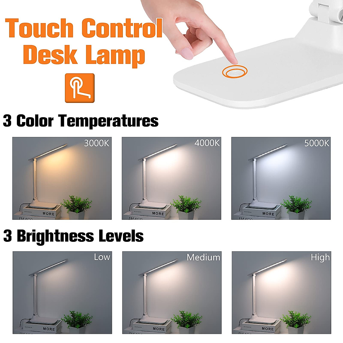 AVV LED Desk Lamp, Desk Lamps for Home Office, Dimmable Eye-Caring Desk Light with 3 Color Modes, Touch Control Adjustable Table Office Lamp, Foldable Desk Lamp with Adapter, White