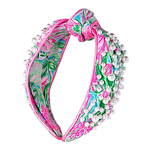 Lilly Pulitzer Colorful Knotted Pearl Headband, Wide Satin Headband, Cute Embellished Hair Accessories for Women & Girls, Coming in Ho