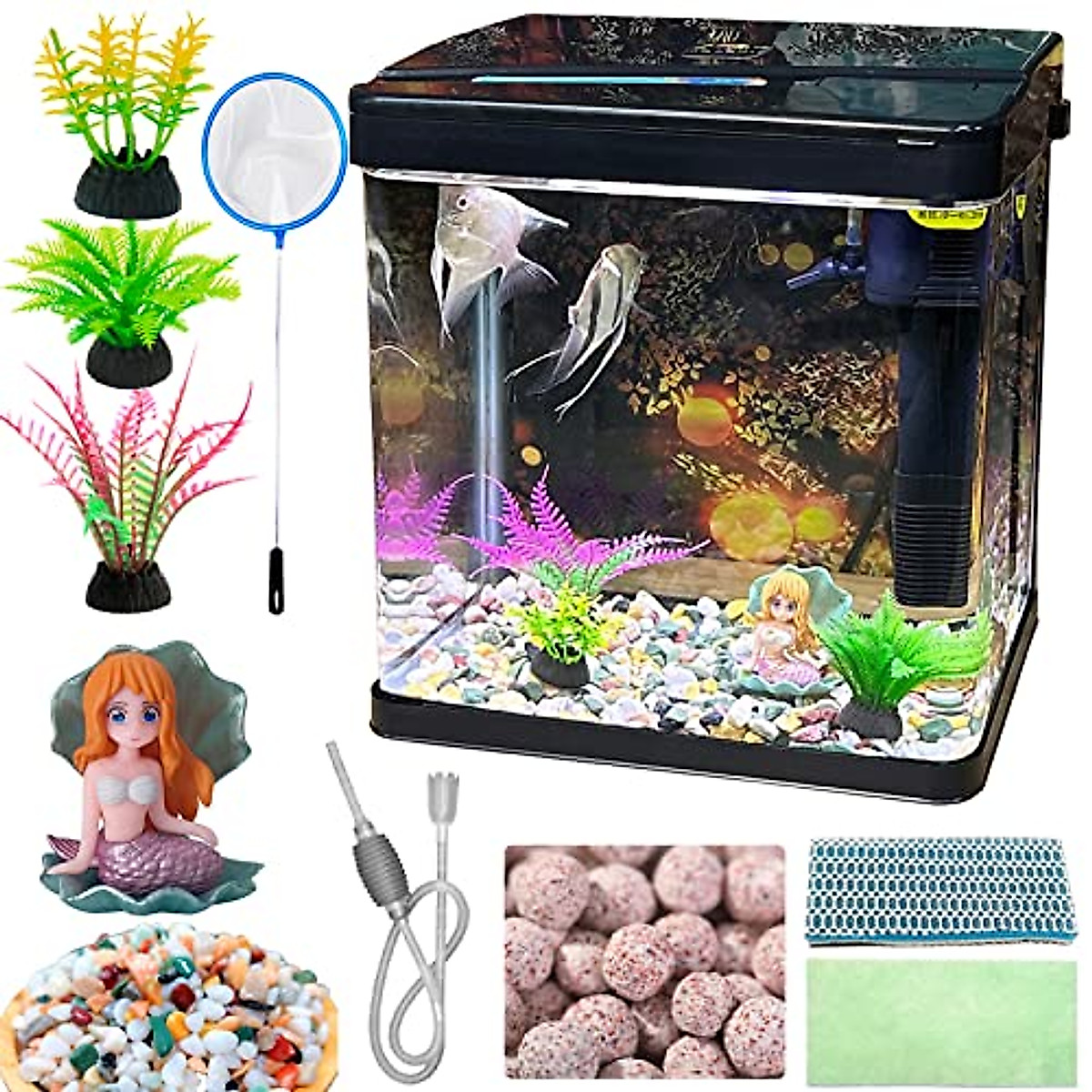 SANOSY Glass Fish Tank 2.3 Gallon Aquarium Starter Kit Small Betta Fish Tank Desktop Mini Fish Bowl for Shrimp Small Fish with Pump LED Light Simulated Water Plants and Filtering Materials (Black)