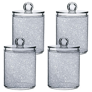ALAZA Silver Cotton Ball Holder Shiny Silver Qtip Holder 2 Pack Cotton Swab Dispenser Round Pads Clear Plastic Acrylic Jar Set Bathroom Canister