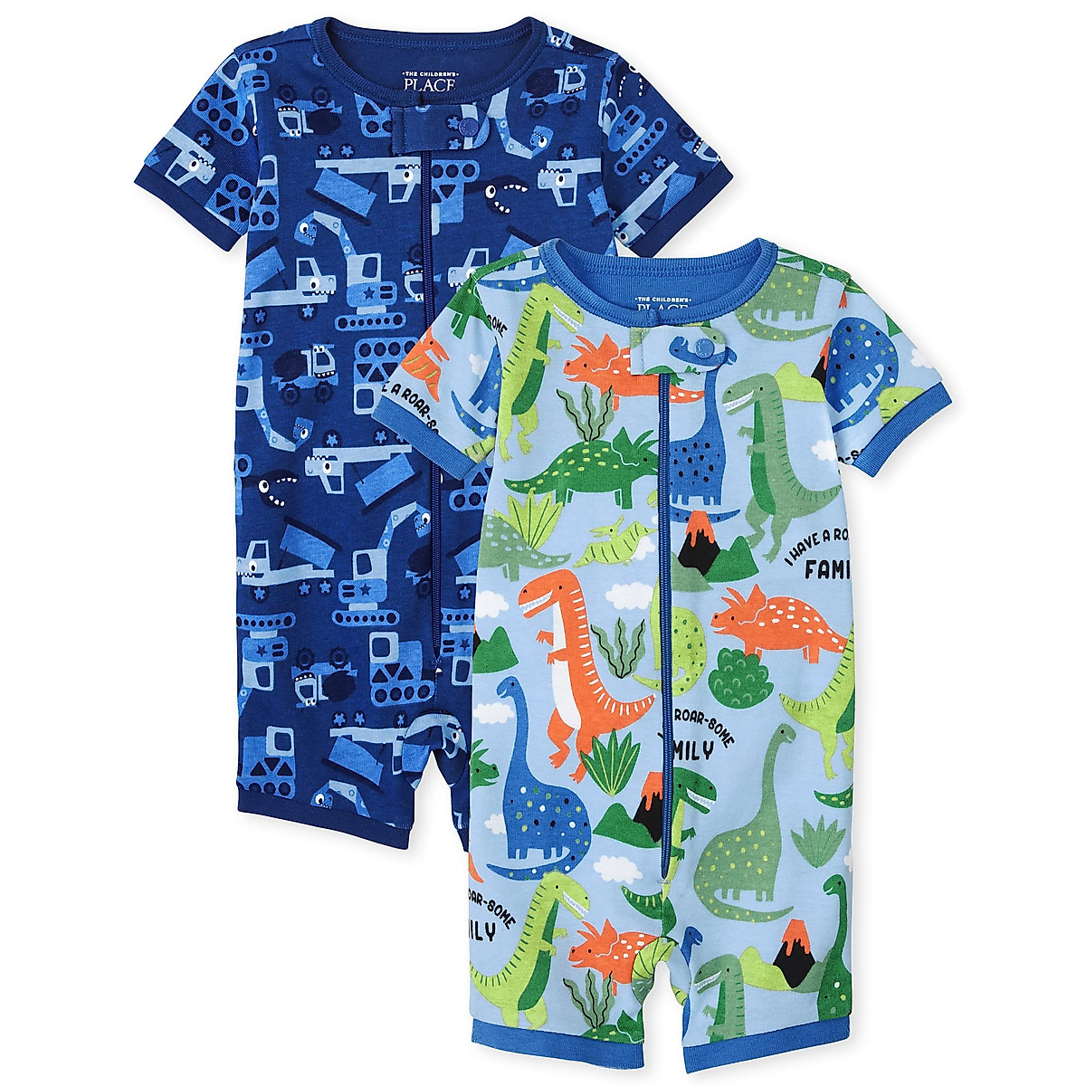 The Children's Place Baby and Toddler Boy Snug Fit Cotton Zip-Front One Piece Pajama 2-Pack, Dino Truck-2 Pack, 9-12 Months