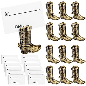 DNAMYJME 12pack Place Card Holders with Paper Cards 1.85''x1.57'' Retro Cowboy Boots Shape Table Number Card Holder Resin Photo Stand Creative Table Sign Stands for Wedding Party