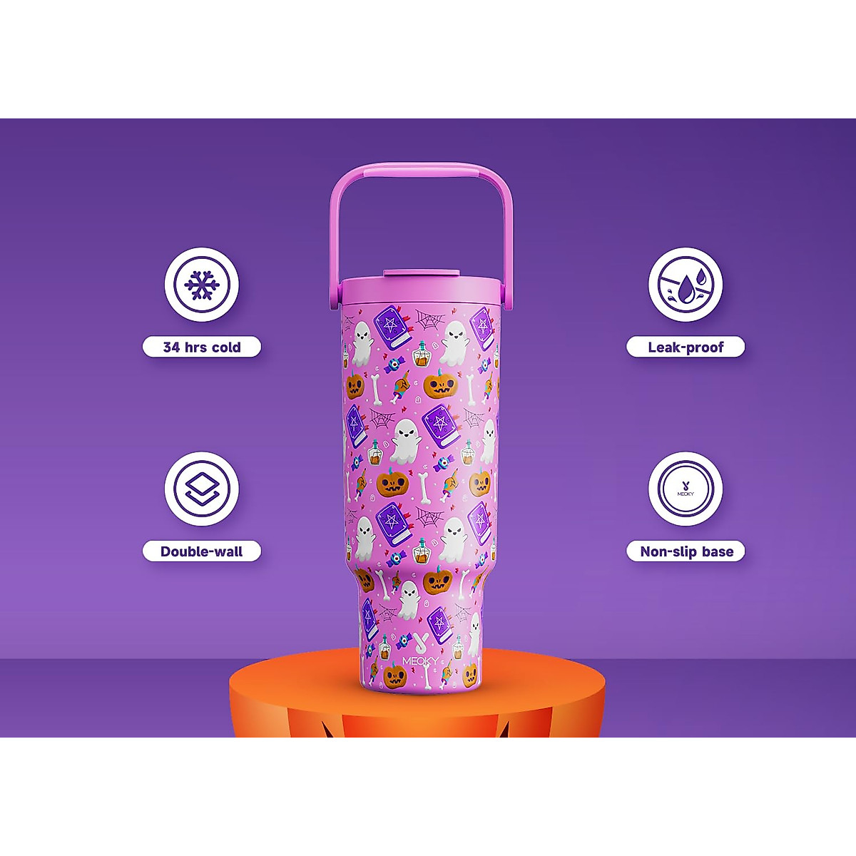 Meoky 40 oz Halloween Tumbler with Handle and Straw, Insulated Water Bottle, Stainless Steel Travel Mug, Keeps Cold for 34 Hours, Fits in Car Cup Holder (Spooky Pumpkin)