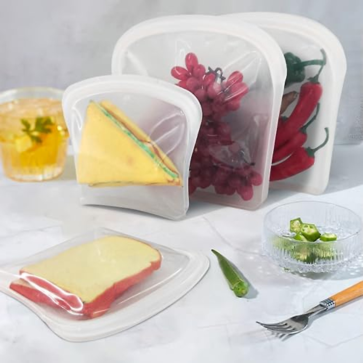 KVK Reusable Silicone Bags - 3 Pack Flat Silicone Sous Vide Bags - Half Gallon Bags Double Lock Leakproof Large Silicone Food Storage Bags Oven Freezer Dishwasher Safe - Clear