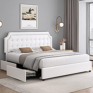 Keyluv Full Size Bed Frame with 4 Drawers, Upholstered Platform Storage Bed with Curved Button Tufted Headboard with Nailhead Trim, Solid Wooden Slats Support, No Box Spring Needed, Off White