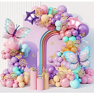 163Pcs Butterfly Pink and Purple Balloons Garland Arch Kit, Birthday Baby Shower Decorations Pink Purple Blue Confetti Star Balloons for Girls Women Bridal Wedding Butterfly Party Baby Shower Supplies