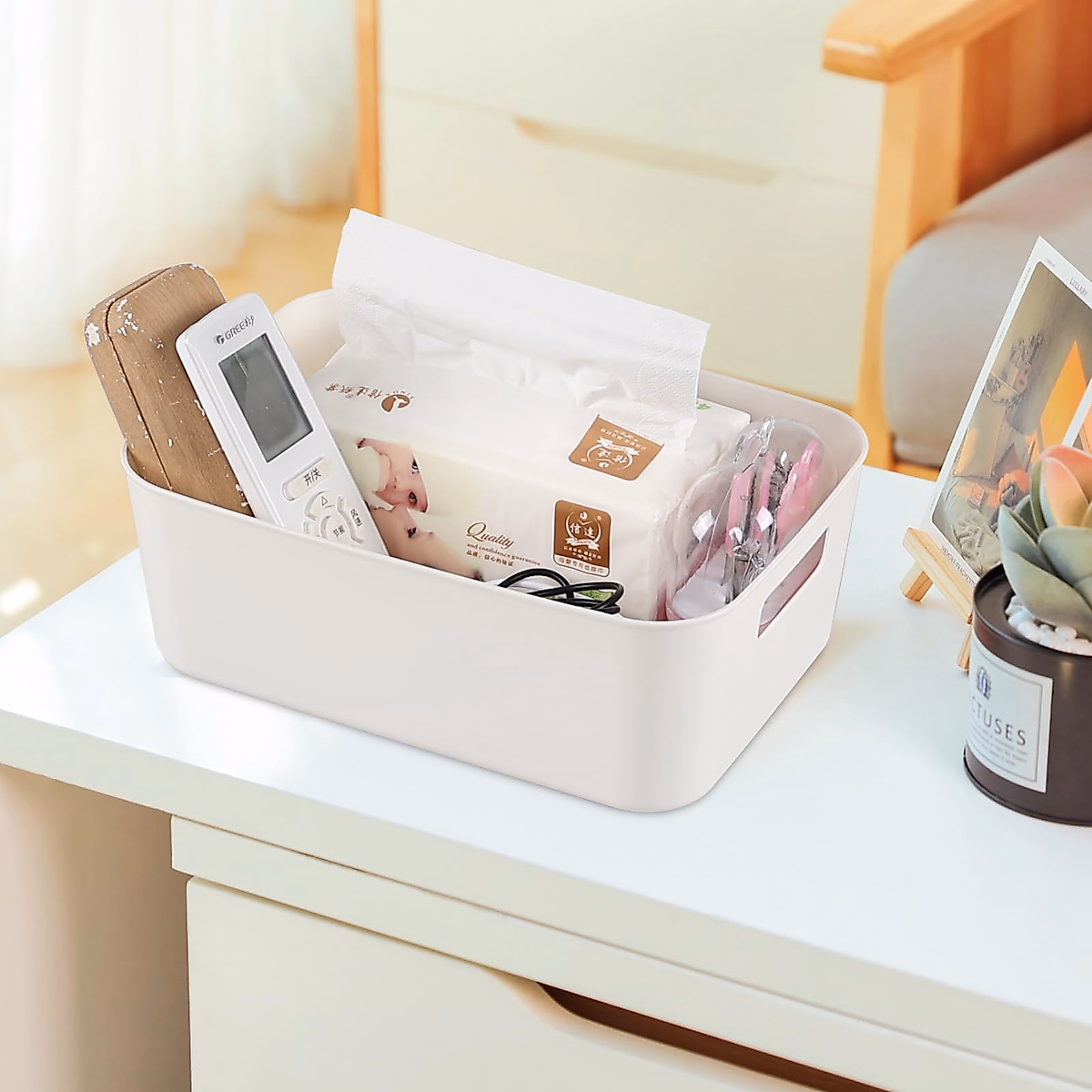 Tstorage Plastic Open Storage Bins for Cupboards, Plastic Storage Baskets with Handles, White, 6 Packs