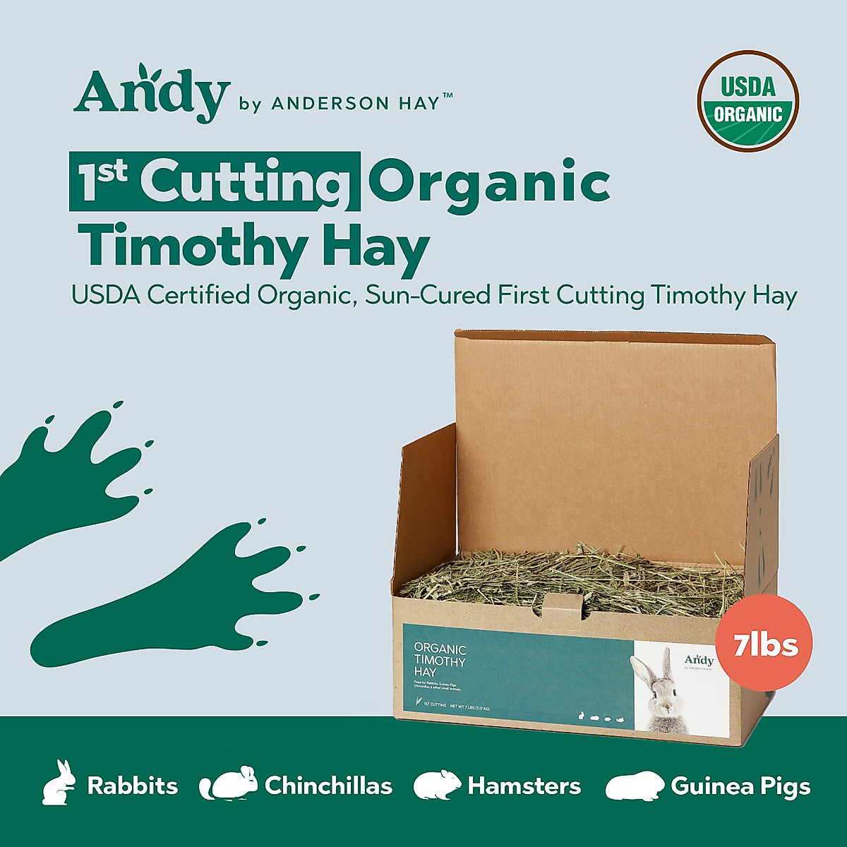 Andy Organic Timothy Hay Rabbit & Guinea Pig Food, 15 Lb Box, 1st Cut Timothy Hay, Premium Hay for Rabbits, Chinchilla, Gerbil, and Small Pet Treats
