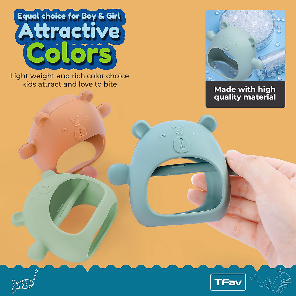 TFav Baby Bear hand Teether -3 pc Blue, Brown & Green -Silicone Teething mitt for 0-6 Months Boys -Hand Pacifier That Fits on Fist -Wearable Gloves Chew Toy -Calm Down The Fussy Baby