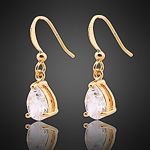 Dangle Drop Pierced Earrings with Pear Cut CZ White Cubic Zirconia in 18K Yellow Gold Plated, Simple Modern Elegant