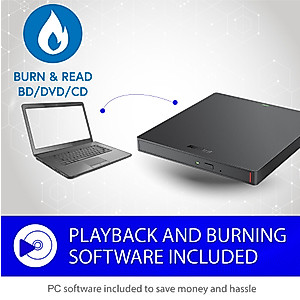 BUFFALO MediaStation 6X Portable Type-C USB 3.2 (Gen 1) Blu-ray Drive/External, Plays and Burns Blu-Rays, DVDs, and CDs. Compatible with PC/Mac Laptops and Desktops.