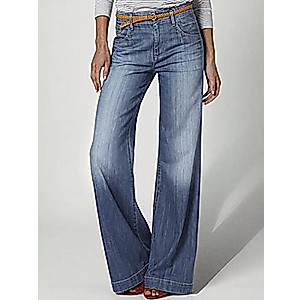 Flamingals Wide Leg Jeans for Women Stretch Mid Waist Baggy Jeans Boot Cut Jeans Denim Pants Without Belt Mid Blue XL