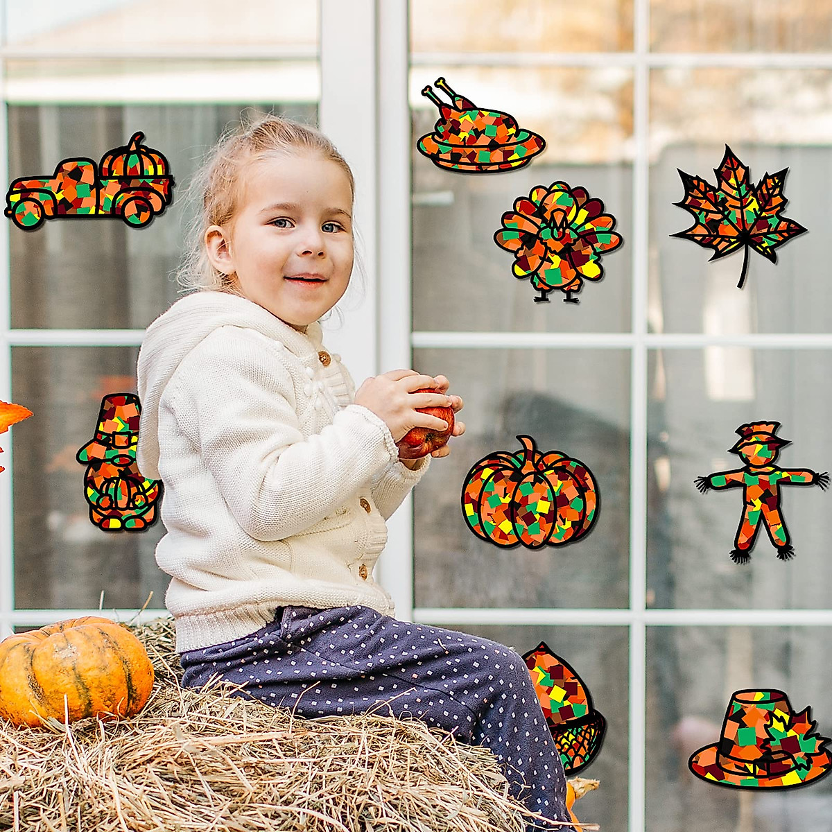 Gueevin 18 Sets Thanksgiving Stained Glass Effect Paper Suncatchers Thanksgiving Suncatcher Kit DIY Suncatcher Paper with tissue paper and glue sticks for Children Window Classroom Arts and Crafts