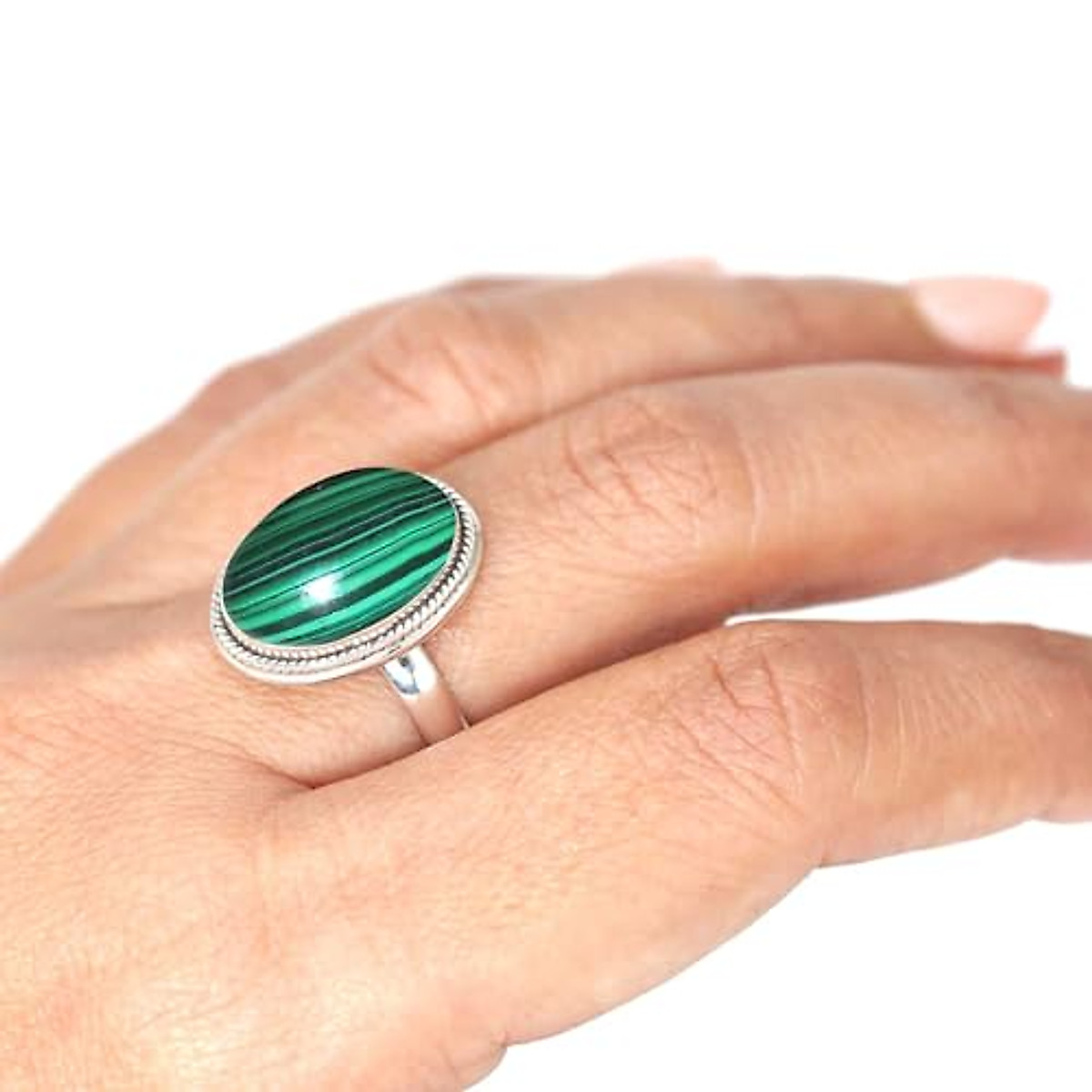 JEWELOPORIUM 925 Sterling Silver Ring for Women Size 7 Green Genuine Malachite Stone Solitaire Silver Ring New Year Gift Costume Jewelry