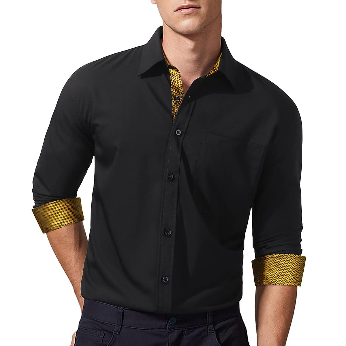 HISDERN Mens Black Dress Shirt Long Sleeve Button Down Collar Plaid Inner Contrast Formal Business Casual Shirts