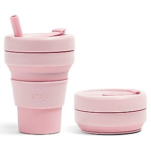 Stojo Collapsible Travel Cup With Straw - Carnation Pink, 16oz / 470ml - Reusable To-Go Pocket Size Silicone Bottle for Hot and Cold Drinks - Perfect for Camping & Hiking - Microwave & Dishwasher Safe