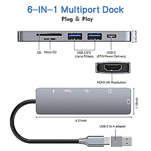 UUETKNN USB C HUB 6 in 1 USB C Laptop Docking Station Dual with 4K HDMI 2 USB 3.0 SDMicro SD Card Reader 87W PD Charging and USB C to A Adapter Compatible grey 6.69 x 3.54 x 0.79 inches