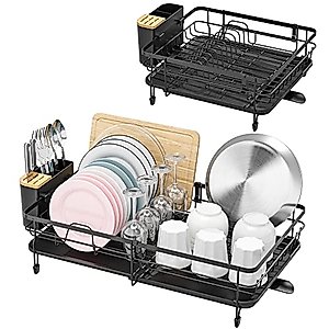 TOOLF Expandable Dish Drying Rack, Adjustable Dish Rack, Foldable Dish Drying Rack with Removable Cutlery Holder Swivel Drainage Spout, Anti-Rust Plate Rack for Kitchen, 1 Piece, Black